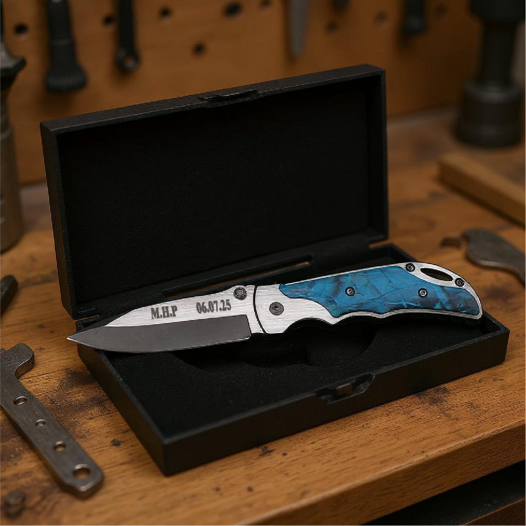 Custom Engraved Pocket Knife Blue Camo Handle | Things Engraved