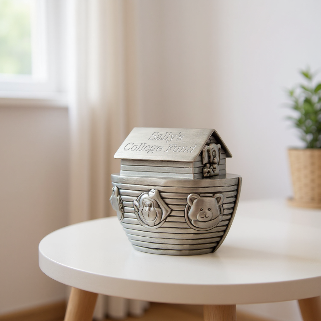 Pewter Noah’s Ark Bank with Custom Engraving – Things Engraved